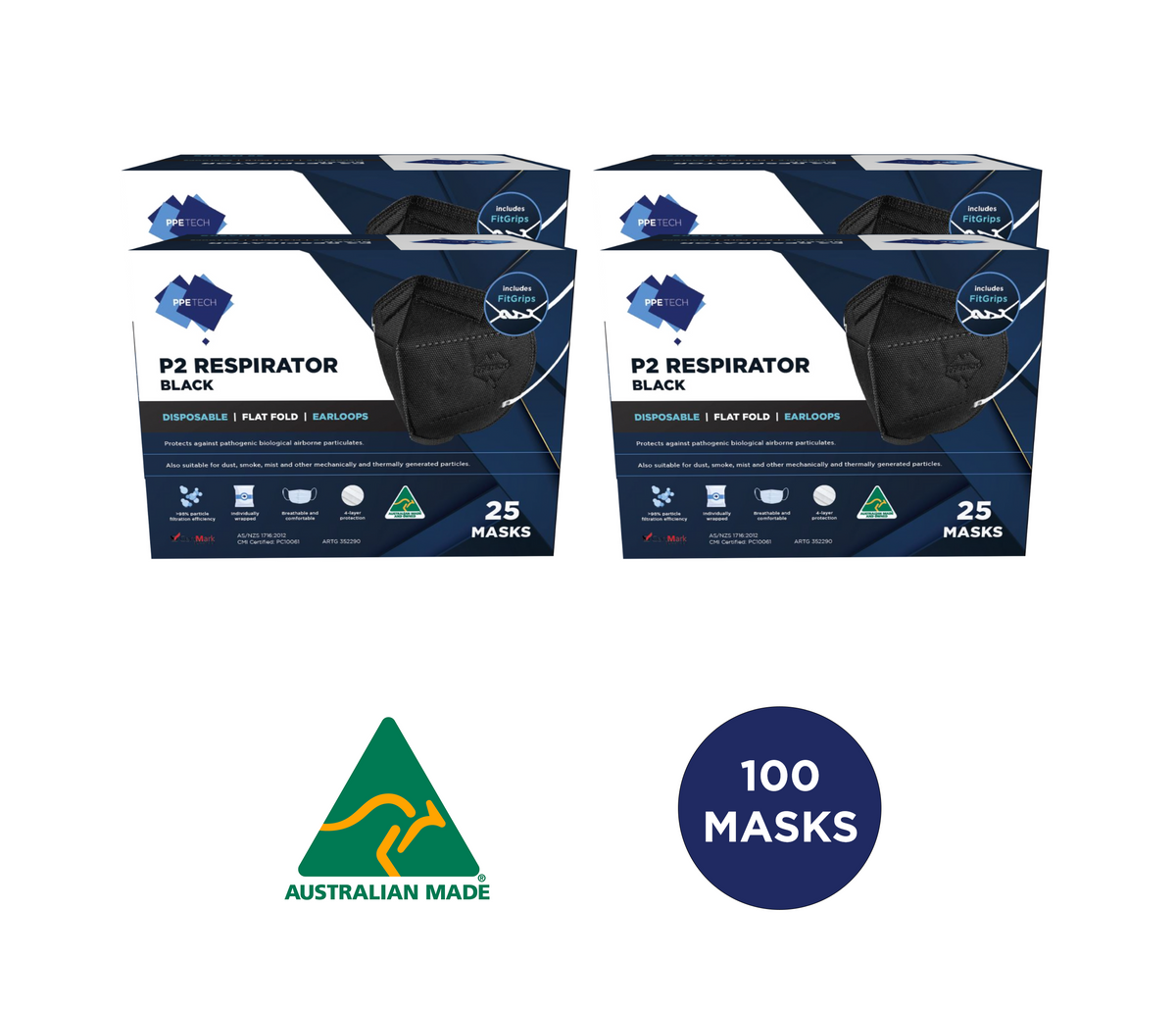 Australian Made Black P2 4-Layer Face Mask with Earloops - 100 Pack ...