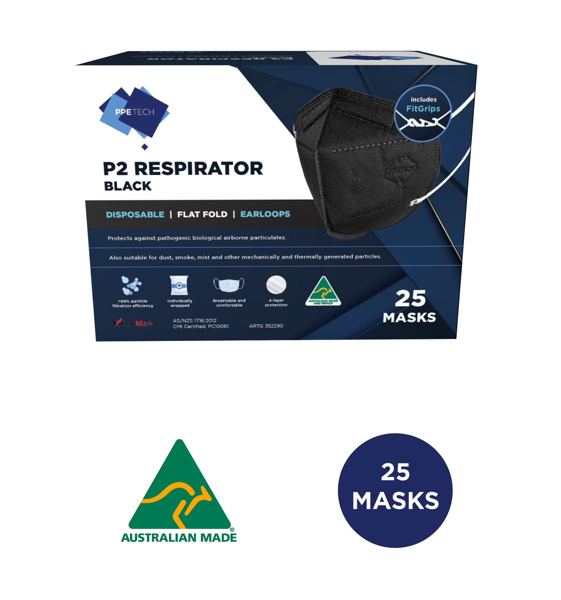 Australian Made Black P2 4-Layer Face Mask with Earloops - 25 Pack ...